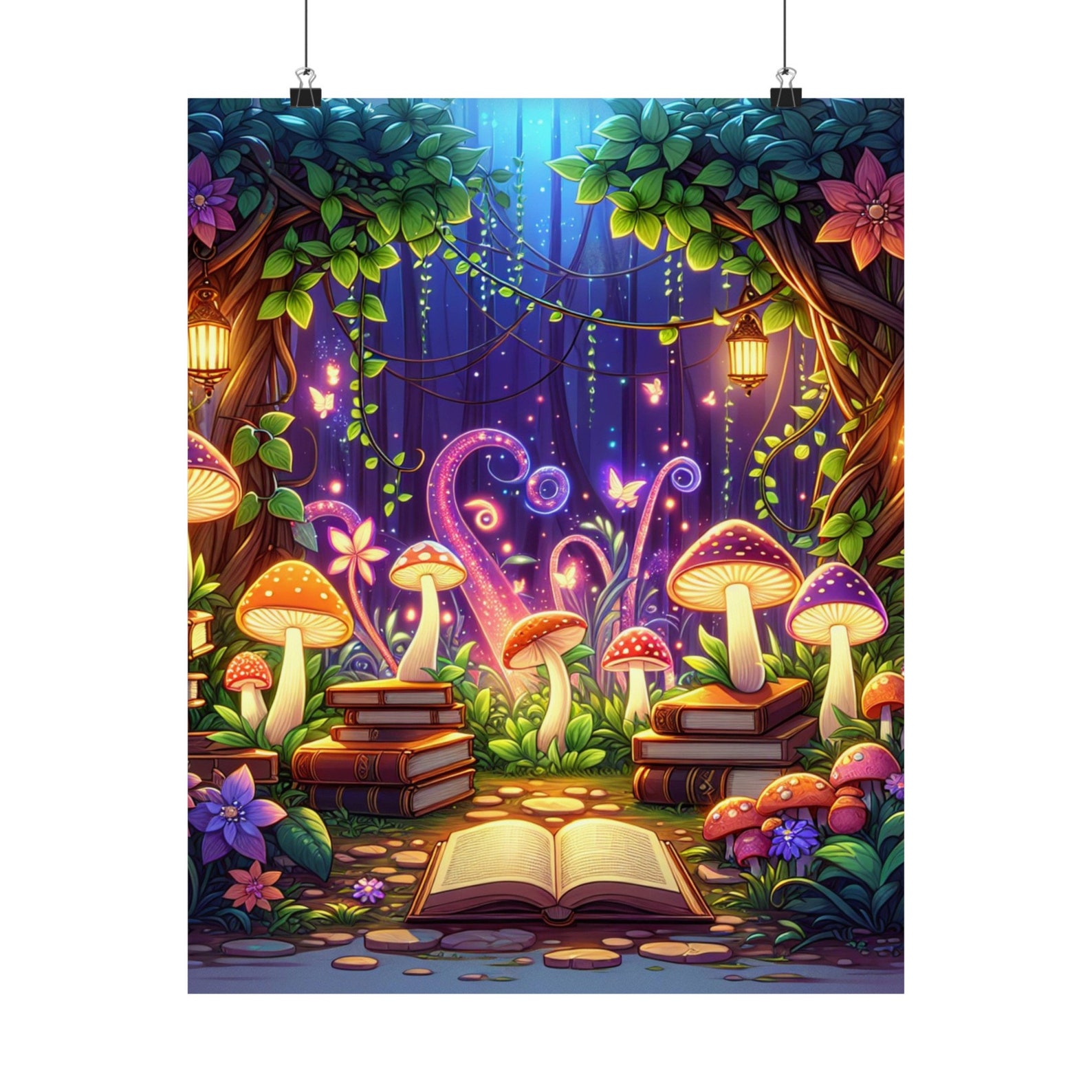 Fantasy Glowing Mushroom Night Scene Book Reading Matte Vertical Poster ...