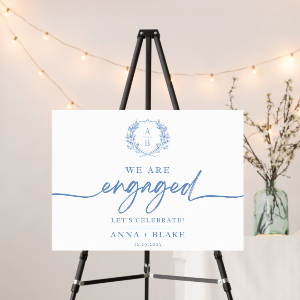 Blue Crest Vertical Engagement Party Sign | Blue | Engagement Party ...