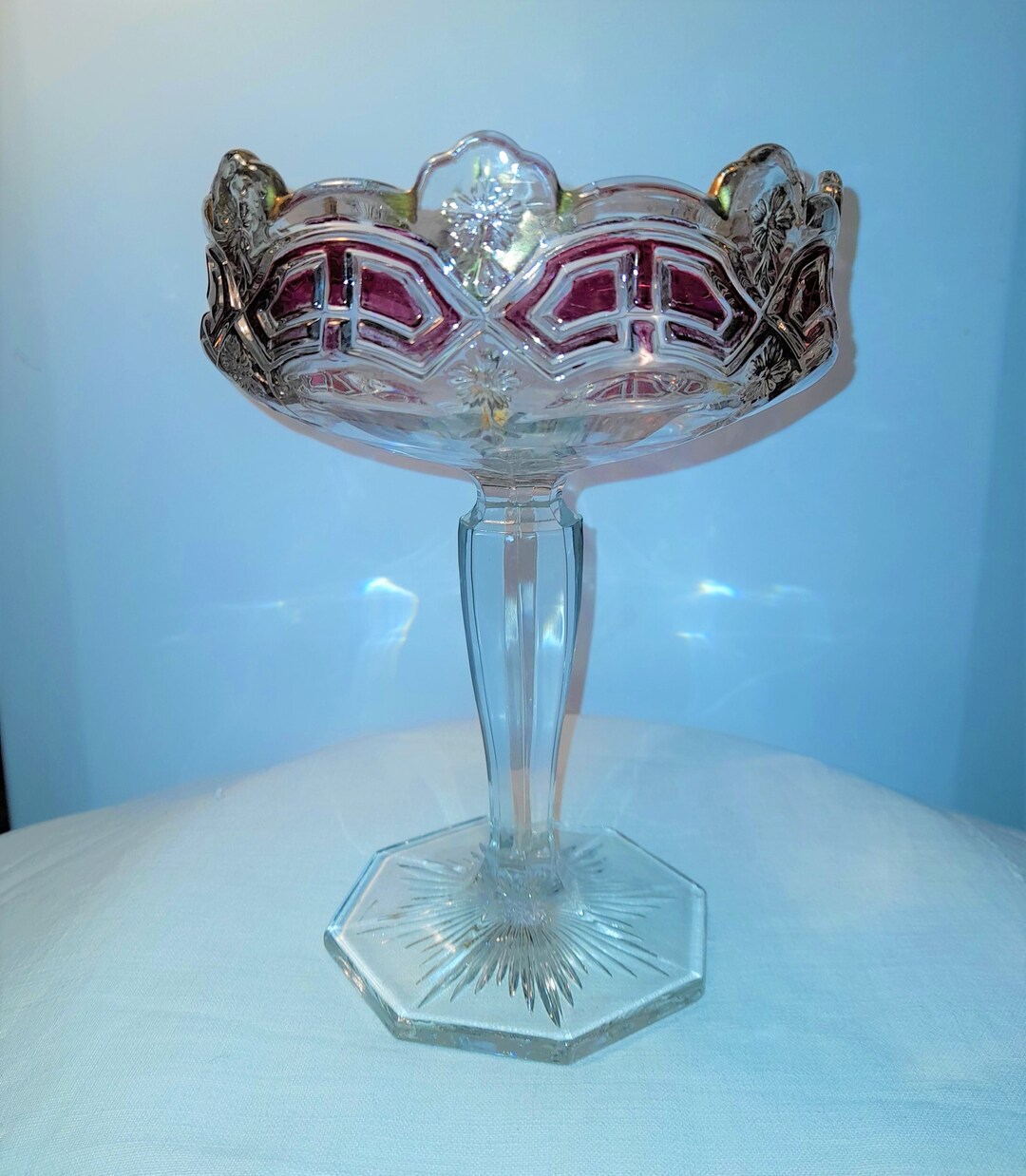 Antique Cut Glass Compote Bowl, Gold Fleck and Cherry Coloured Design ...