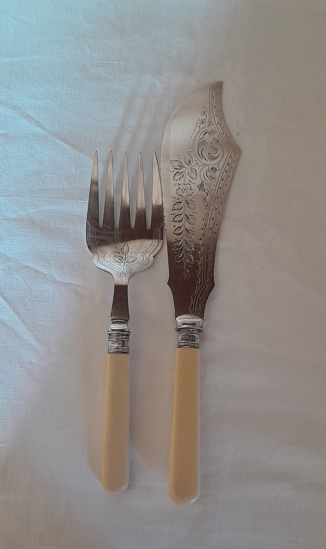 Set of Cream Handled Silver Plated Fish Servers/utensils, for Parties ...