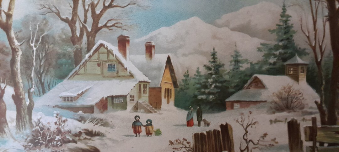 Print of Winter Scene, Cottage in Snow, Winter Landscape, Mountains ...