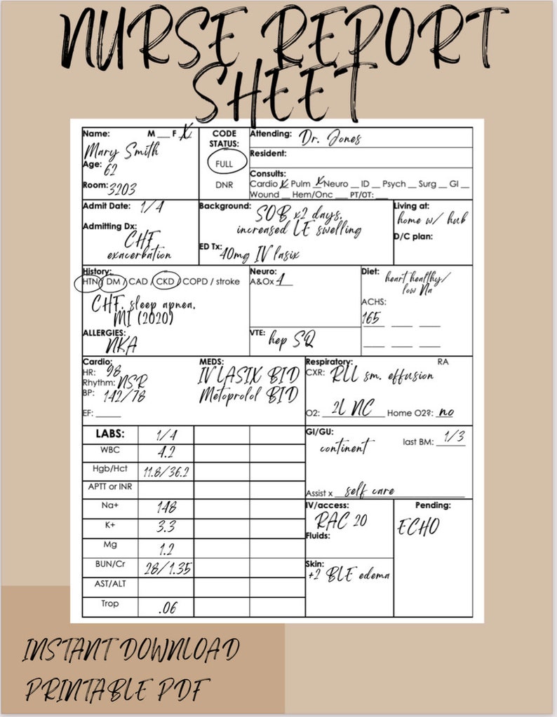 Nursing Report Sheet Nurse Report Sheet RN DIGITAL PRINT - Etsy