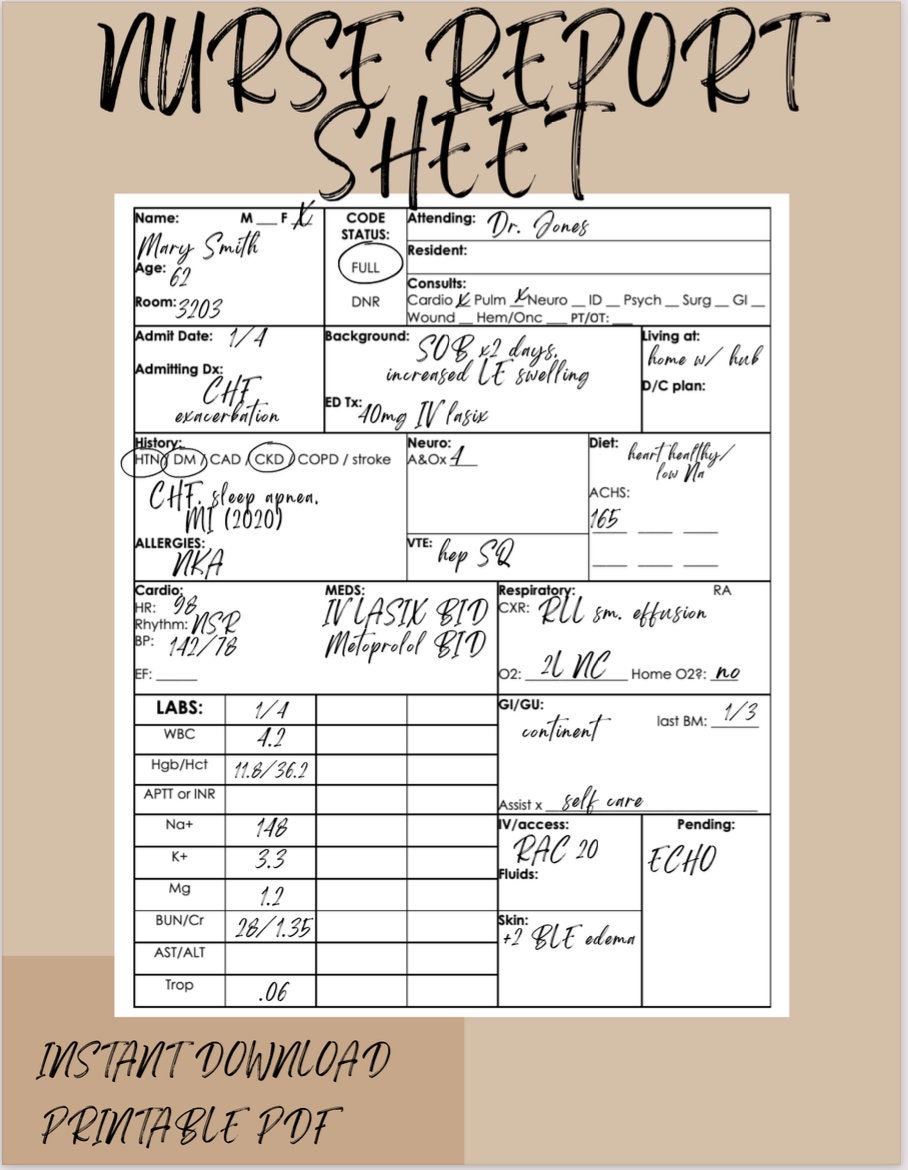 Nursing Report Sheet Nurse Report Sheet RN DIGITAL PRINT - Etsy