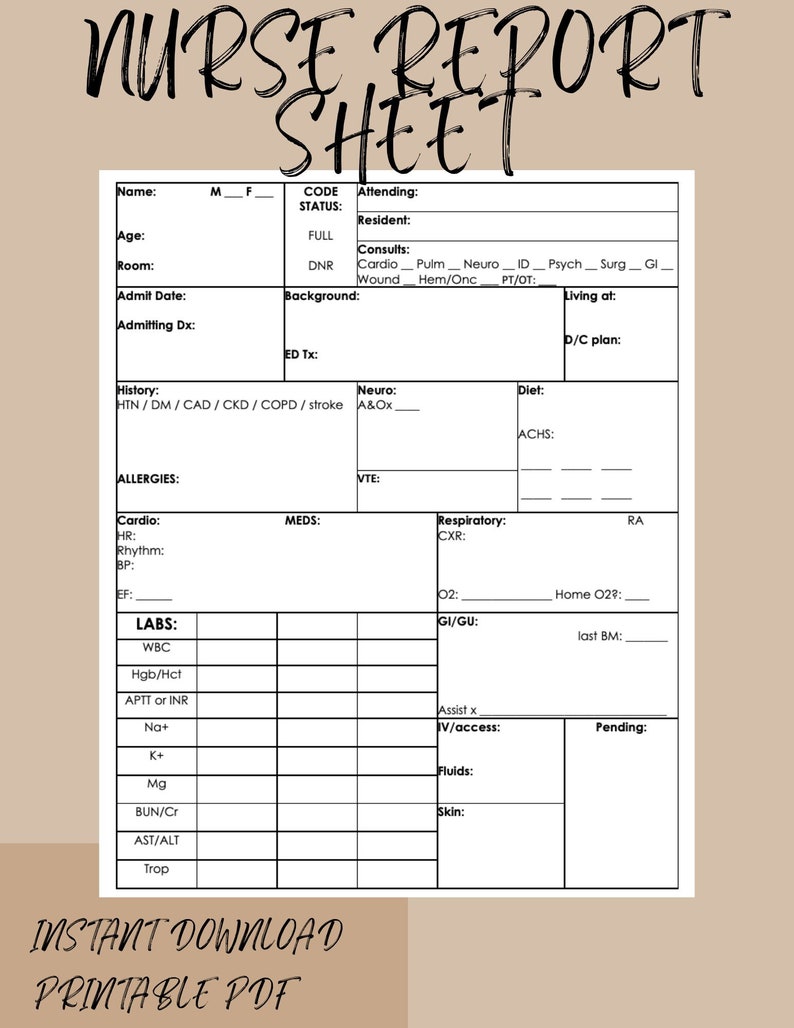 Nursing Report Sheet Nurse Report Sheet RN DIGITAL PRINT - Etsy