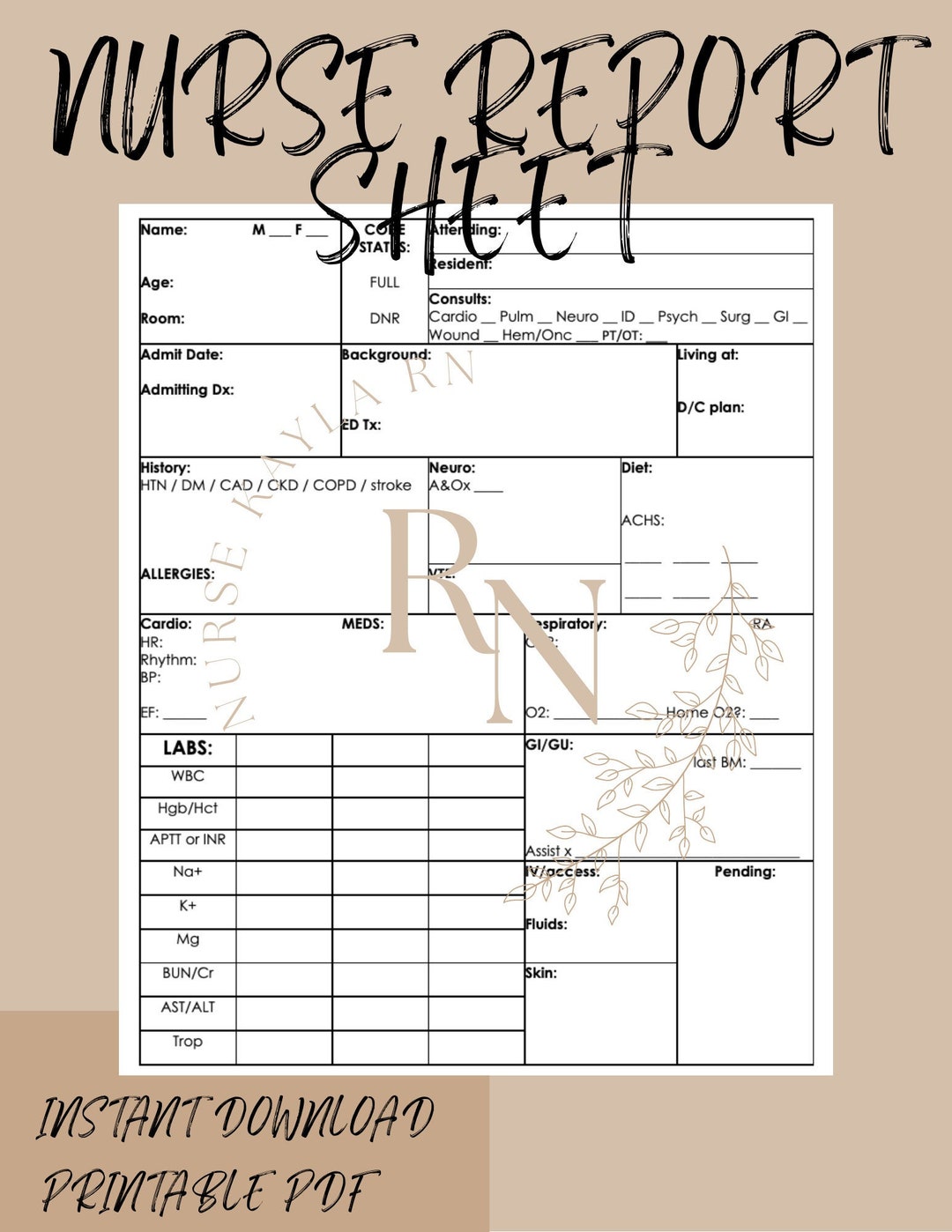 Nursing Report Sheet Nurse Report Sheet RN DIGITAL PRINT - Etsy