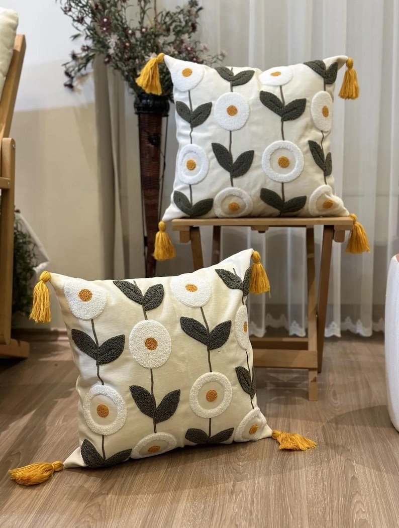 Punch Floral Cushion Cover, Hand Tufted Flower Pillows, Modern ...