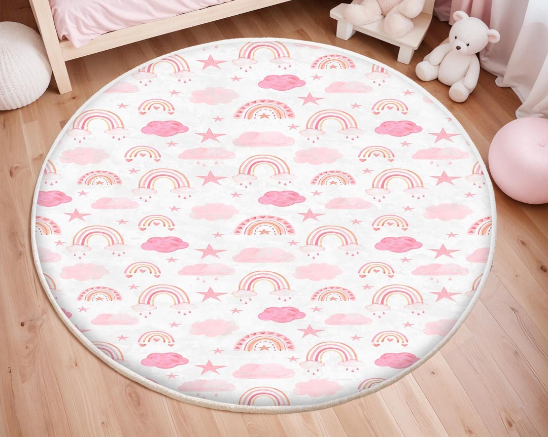 Rainbow Play Mat, Pink Nursery Rug, Kids Area Rug, Washable Non Slip ...