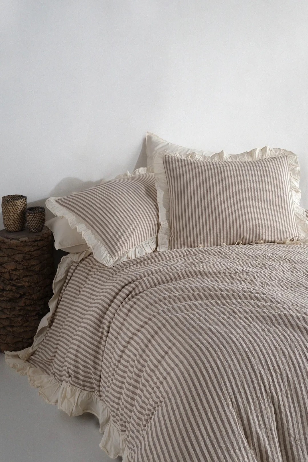 Brown 100% Cotton Ruffle Yarn Dyed Double Duvet Cover Set,modern ...