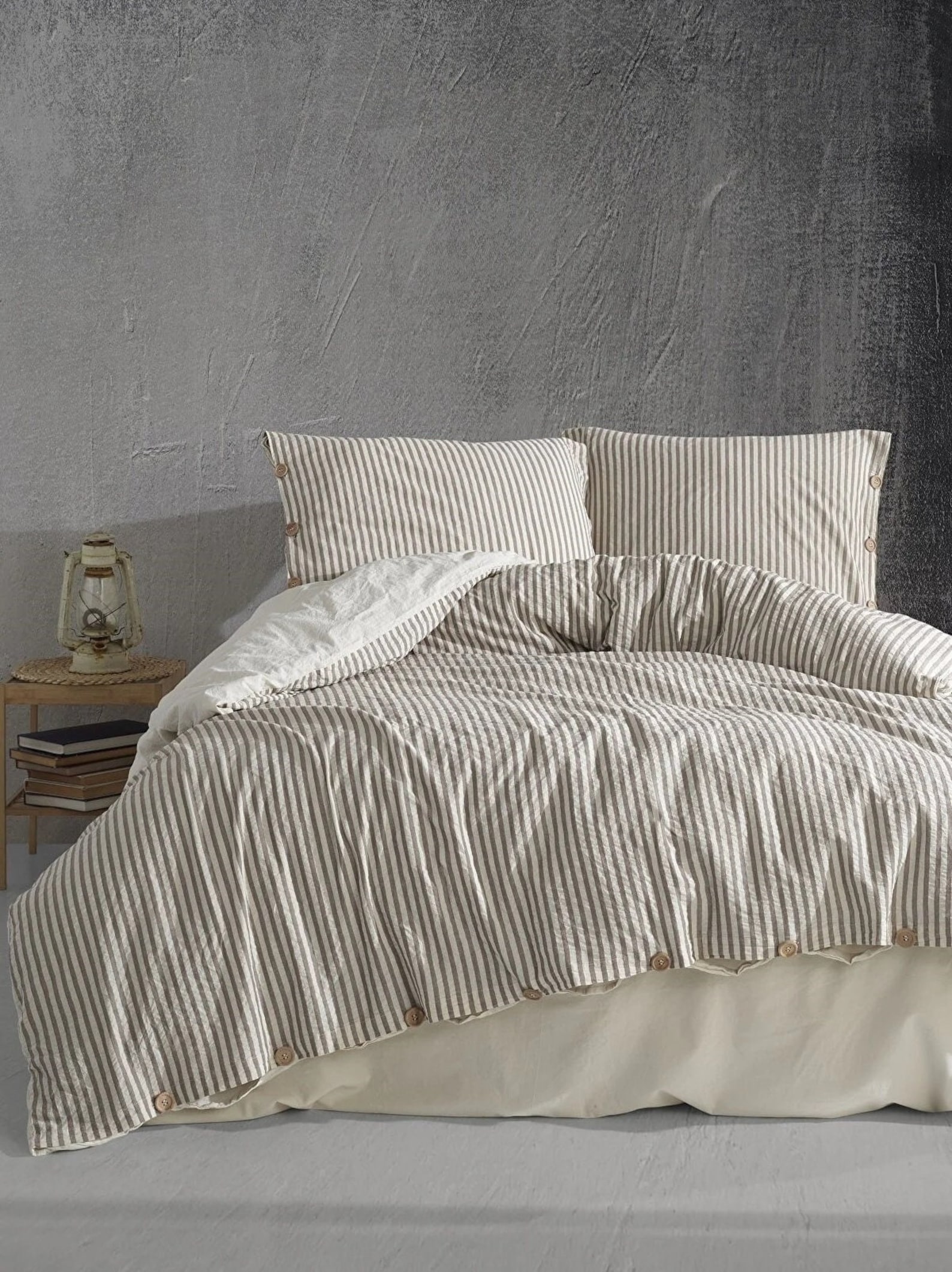 Beige and Brown Stripe Cotton Duvet Cover, Washed Cotton Bedding ...