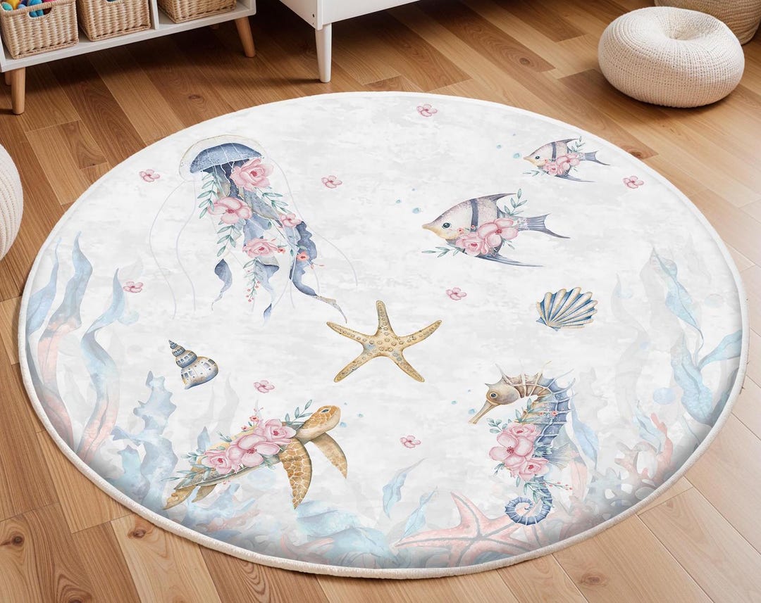 Watercolor Ocean Animals Nursery Rug, Playful Fish Nursery Rug, Under ...
