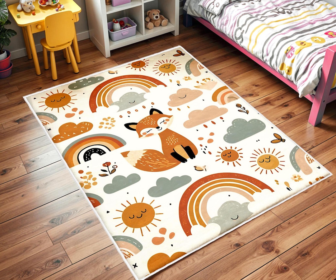 Cute Fox Washable Baby Room Rug, Non-slip Nursery Carpet, Boho Toddler ...