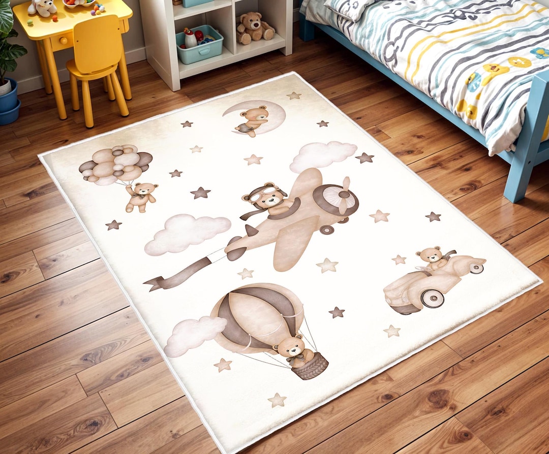 Teddy Bear Airplane Patterned Children's Carpet,hot Air Balloon Kids ...