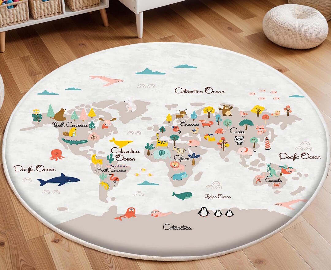 World Map Round Rug, Play Rug, Play Mat, Nursery Rug, Kids Rug, Kids ...