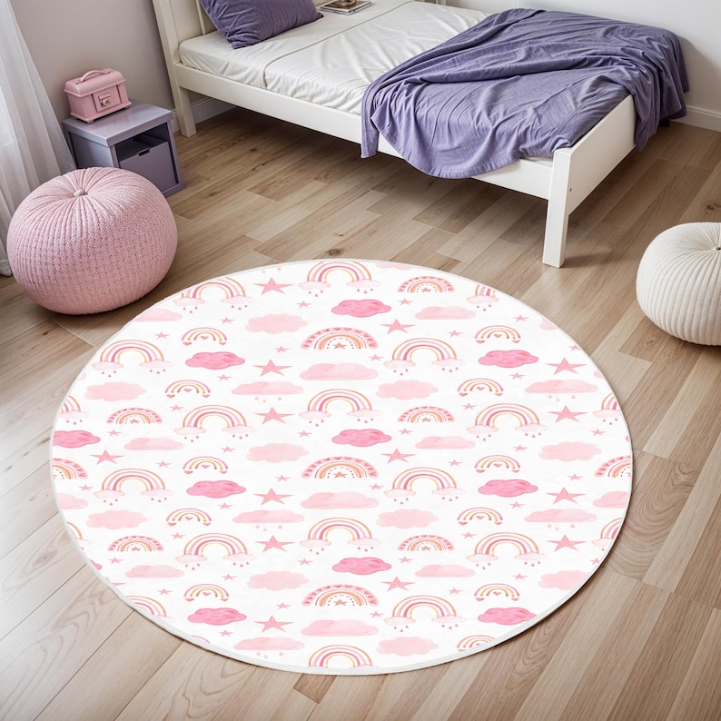 Rainbow Play Mat, Pink Nursery Rug, Kids Area Rug, Washable Non Slip ...