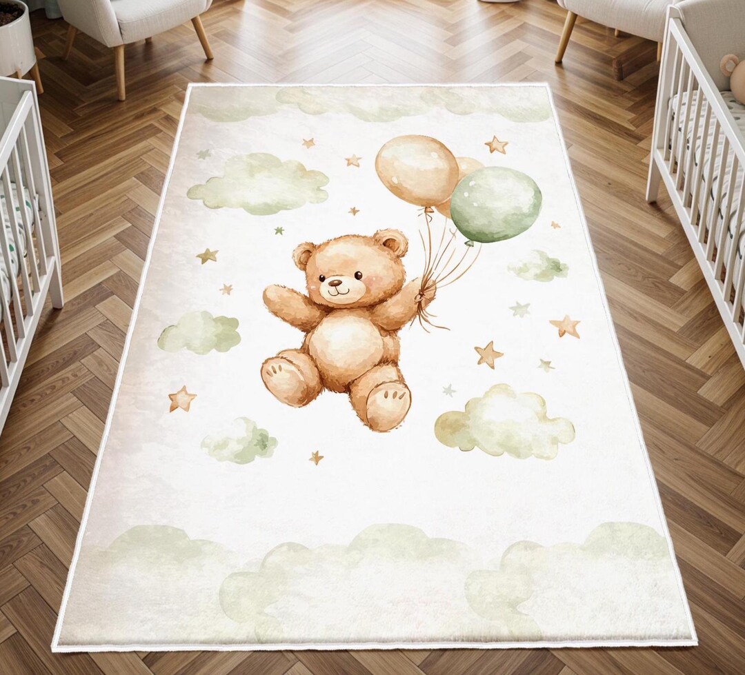 Teddy Bear Nursery Rug, Rectangular Rug for Nursery, Baby Boy Rug ...
