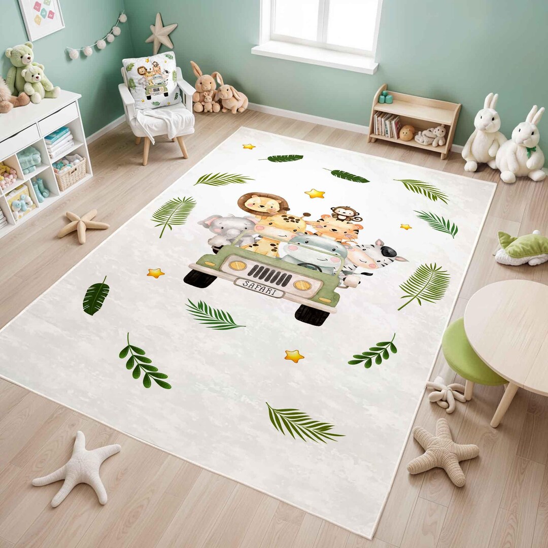 Cute Safari Themed Carpet With Car, Baby Gift, Area Rug, Toddler Rug ...