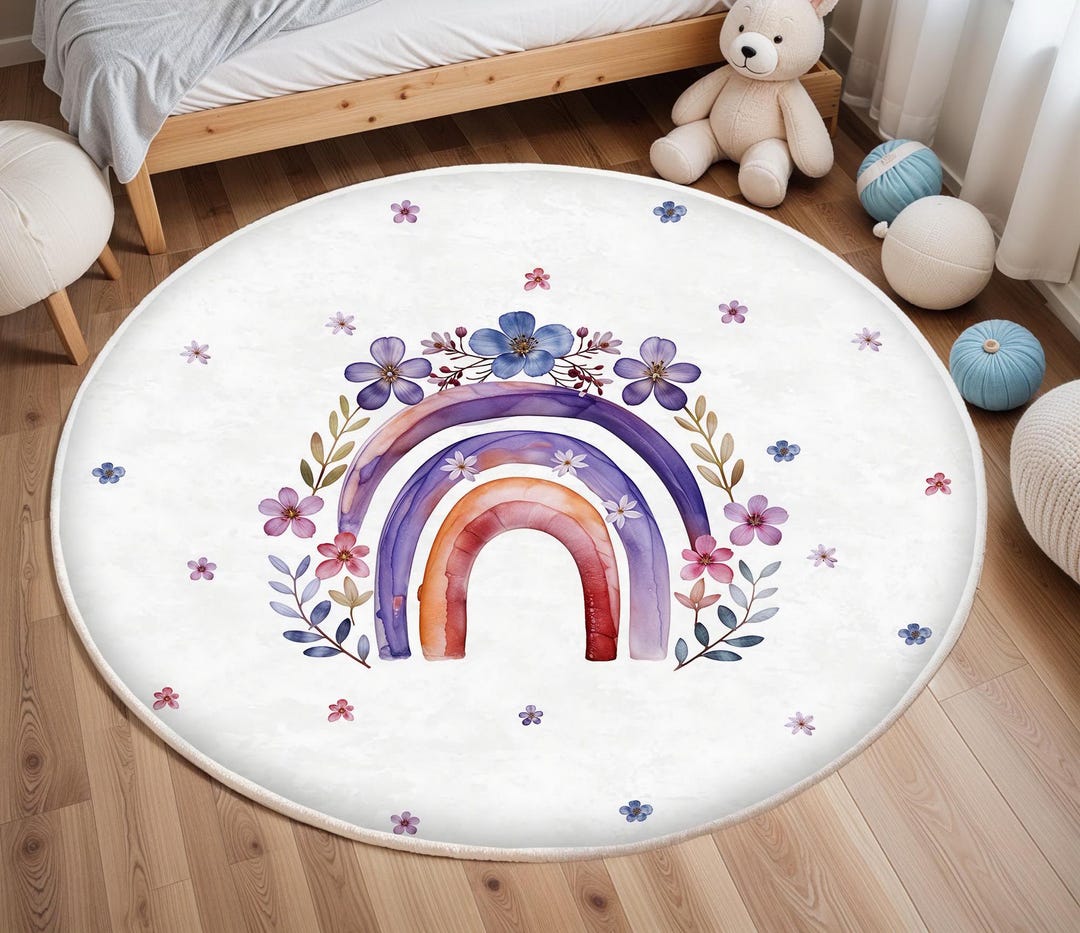 Floral Rainbow Kids Rug, Rainbow Kids Room Mat, Play Mat for Kids ...