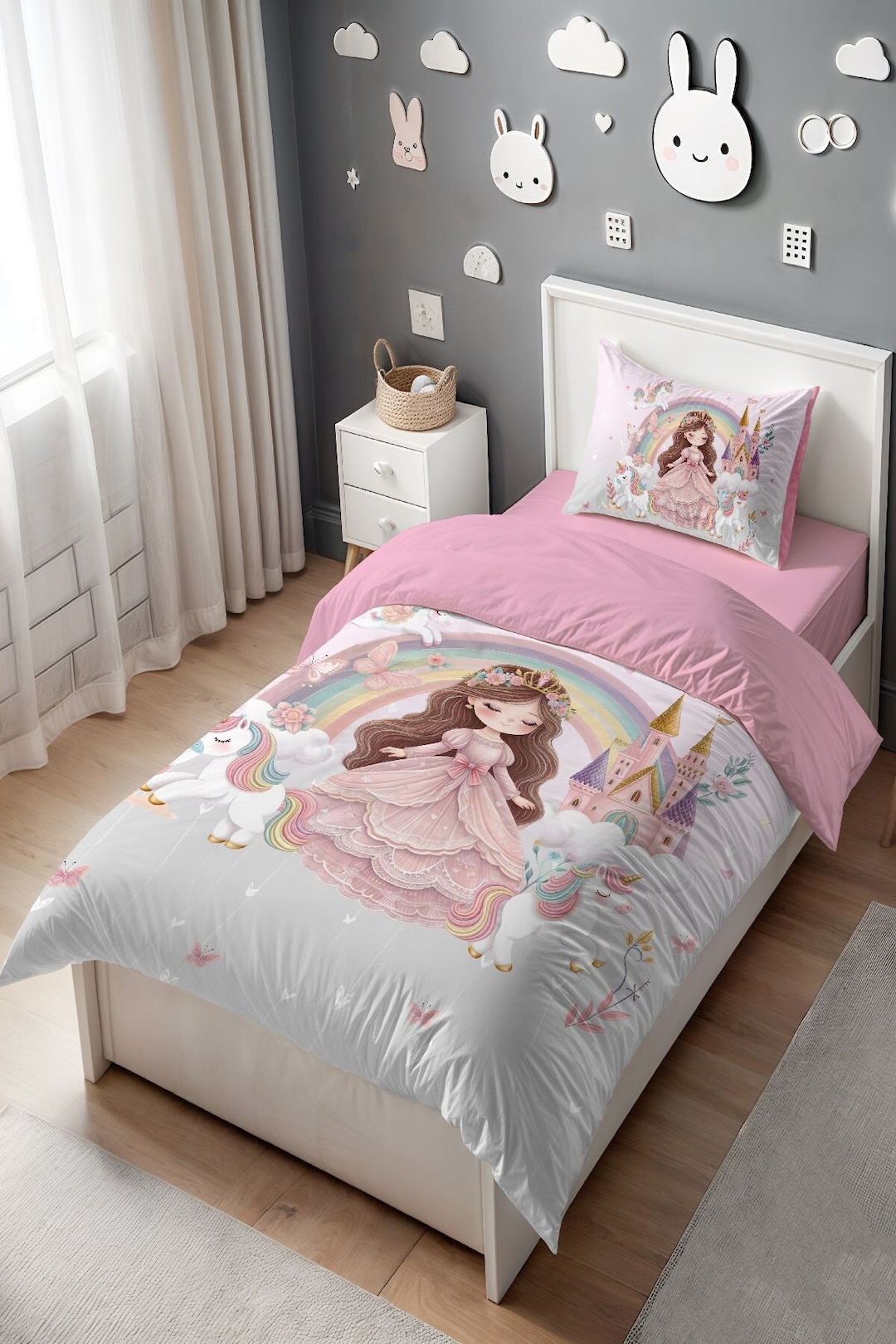 Princess Rainbows Unicorn Pink Nursery Crib Baby Bedding, Duvet Cover ...