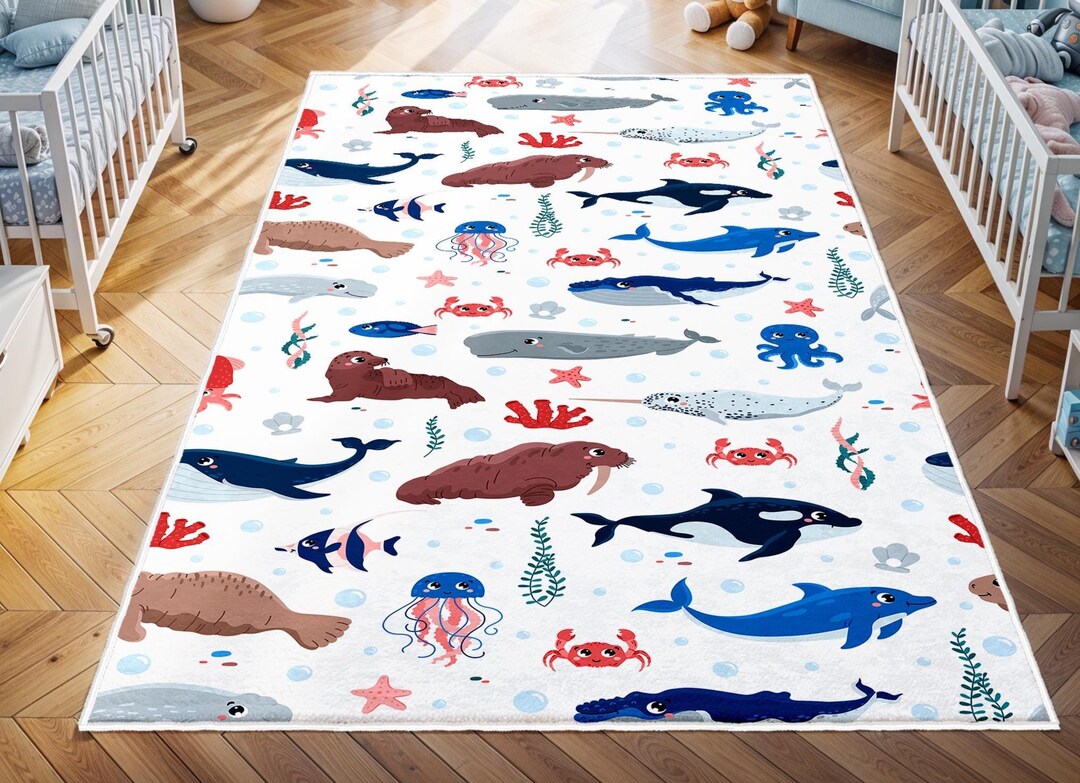 Ocean Animals Rugs, Playful Fish Baby Rug, Under the Sea Nursery Rug ...