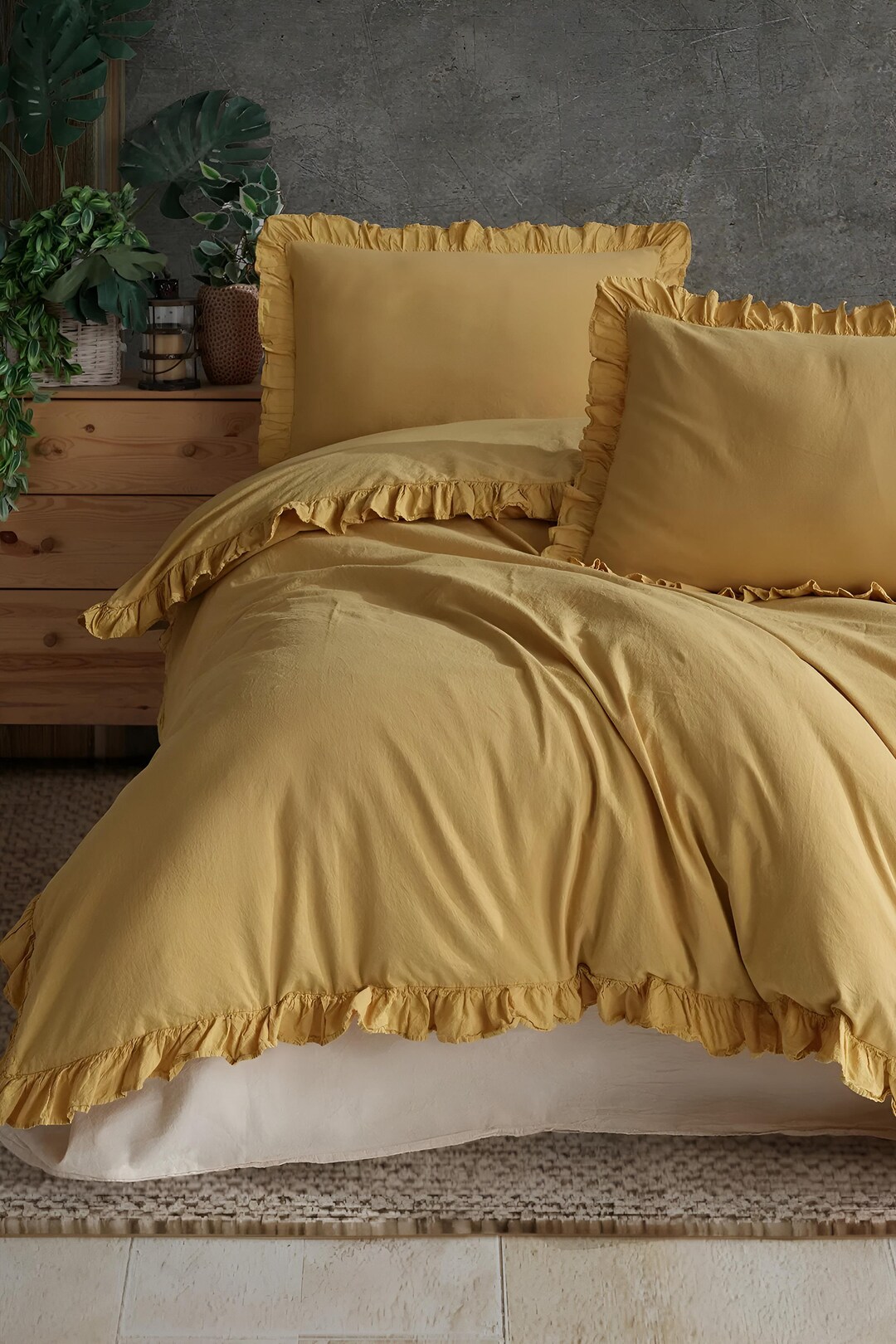 Mustard Ruffled Duvet Cover Set, Romantic Mustard Ruffle Duvet Cover ...