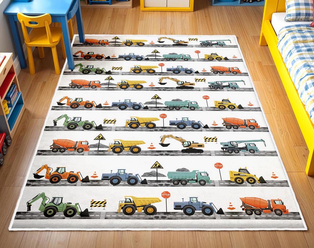Construction Trucks Rugs, Nursery Rug, Kids Area Rug, Washable Non Slip ...