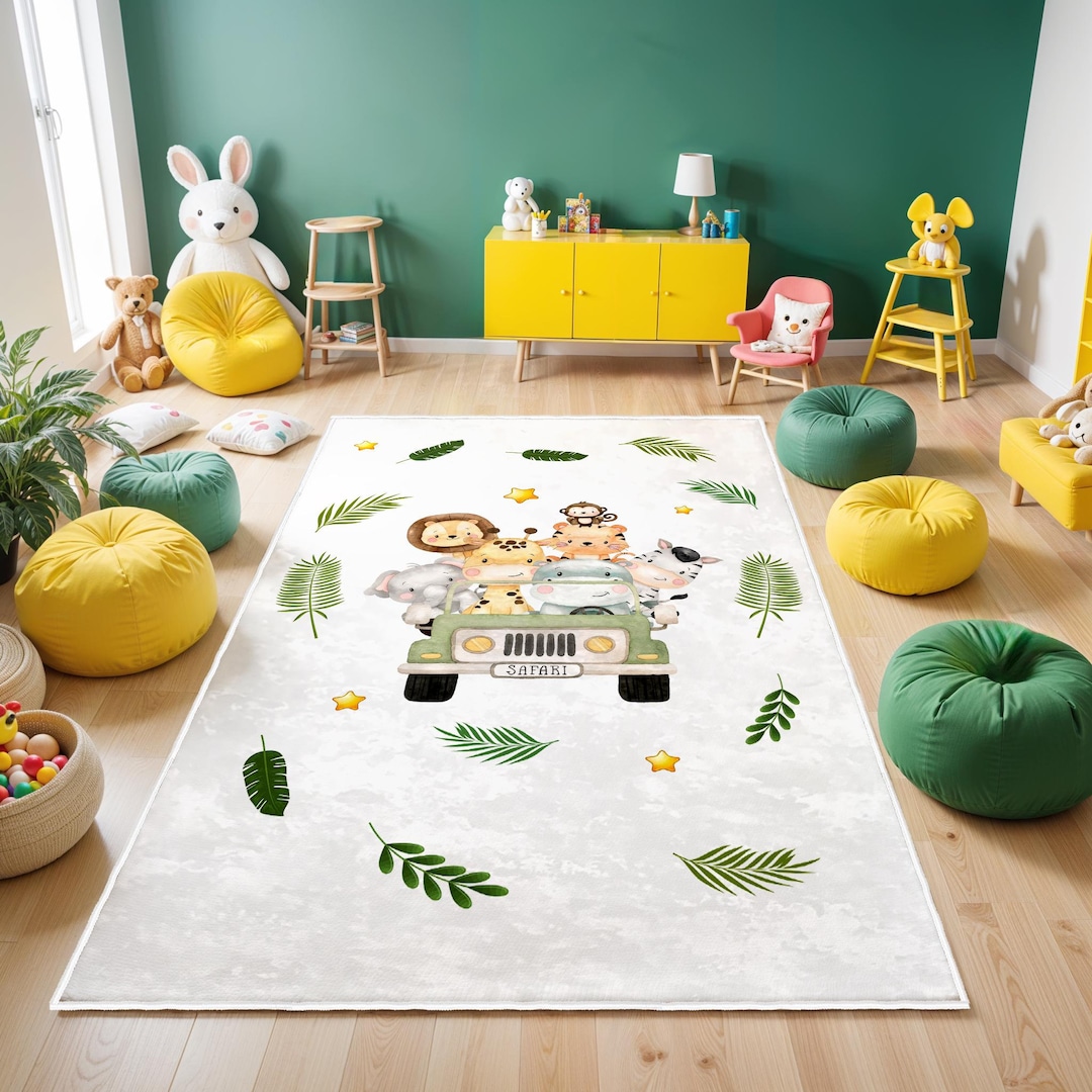 Safari Nursery Carpet With Car, Safari Animal Lion Giraffe Kids Rug ...