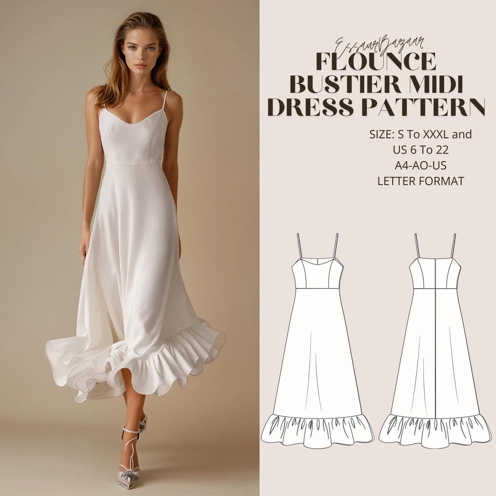 Flounce Midi Dress Pattern, PDF Sewing Pattern Dress, Easy Wedding Midi ...