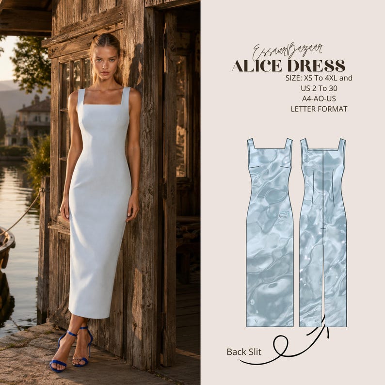 Alice Dress Sewing Pattern PDF, Elegant Midi Dress Pattern, Square Neck ...