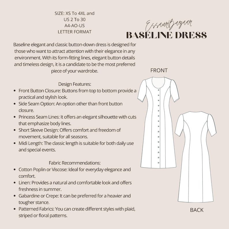 Baseline Dress Pattern, Cottagecore Dress Pattern, Easy Digital PDF ...