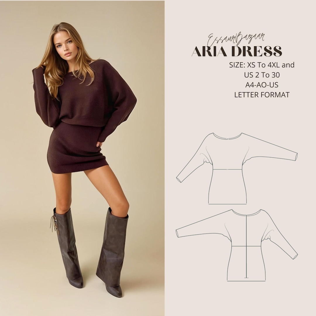 Aria Mini Dress, Digital Sewing Pattern, Women Long Sleeve Dress, Pdf ...