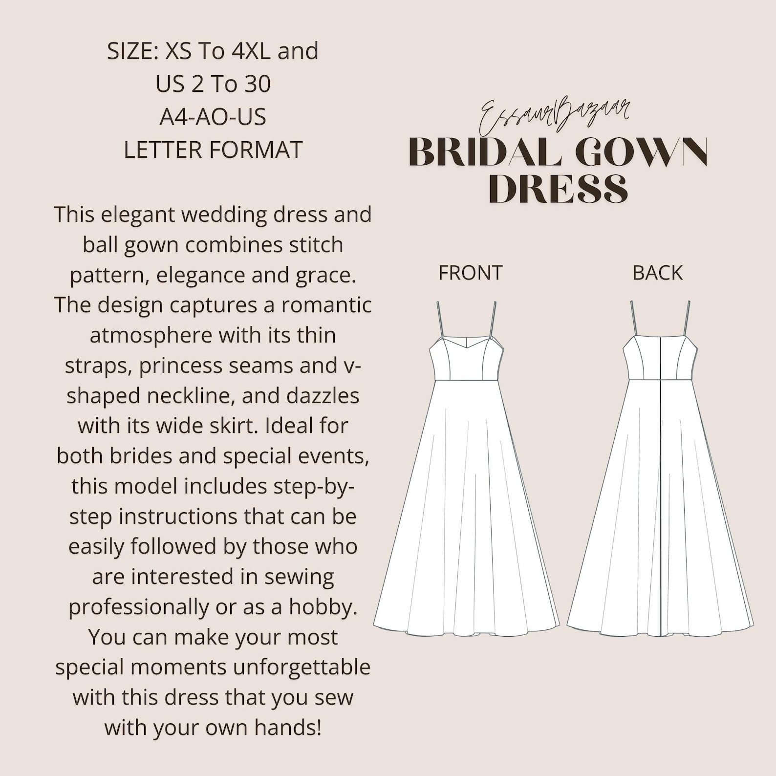 Ball Gown Sewing Pattern, Strap Dress Bridal Gown Pattern, PDF Sewing ...