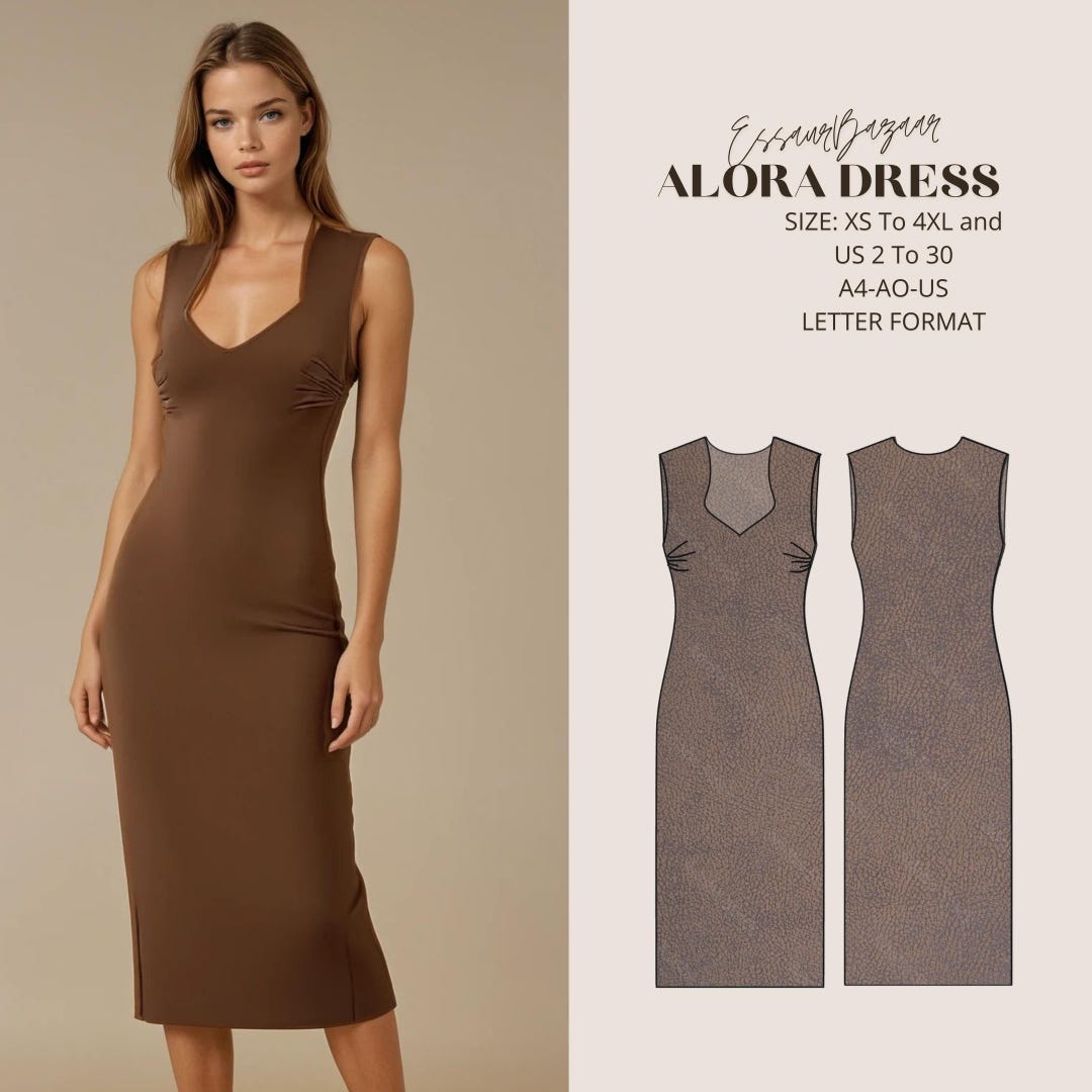 Alora Midi Dress, Essaurbazaar Special Collar Design Dress, PDF Sewing Pattern, Beginner Digital ...