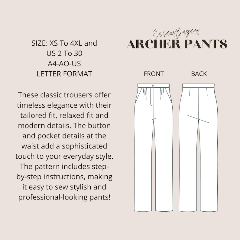 Archer Pant Sewing Pattern, PDF Sewing Pattern, Digital Sewing, Women ...