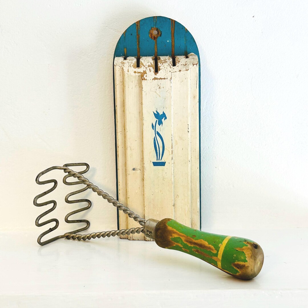 Vintage Set of Rustic Kitchen Knife Holder and Potato Masher Primitive ...
