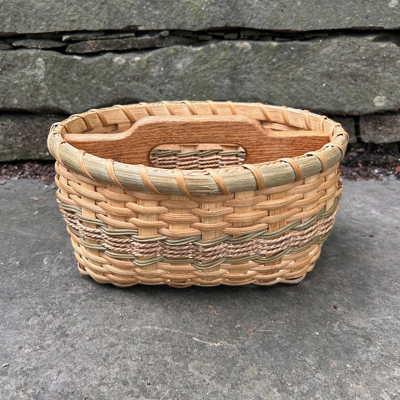 Artisan Basket Caddy With Wooden Handle and Bottom Signed Hand Made ...