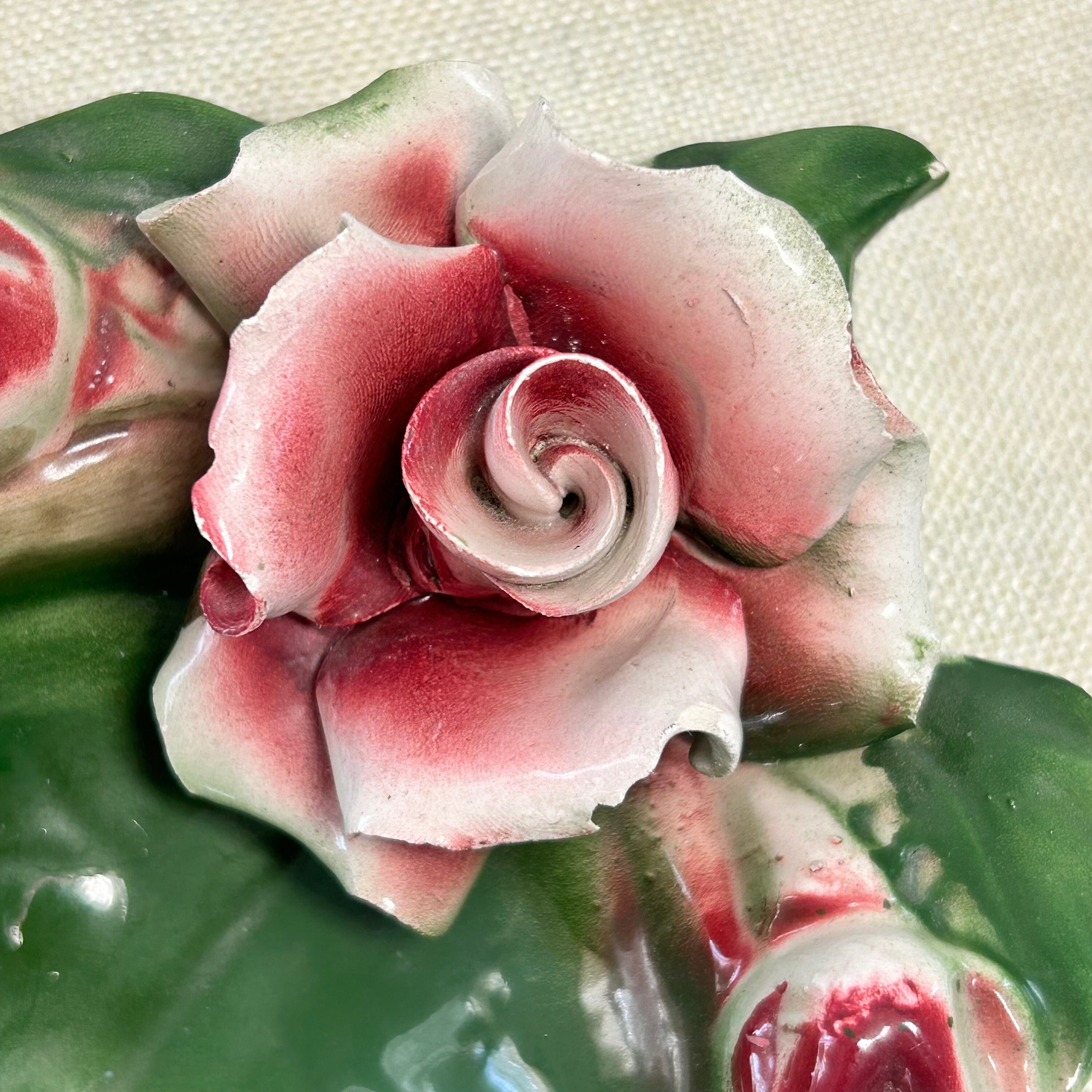 Large Vintage Italian Capodimonte Floral Rose Trinket Dish Red Pink ...
