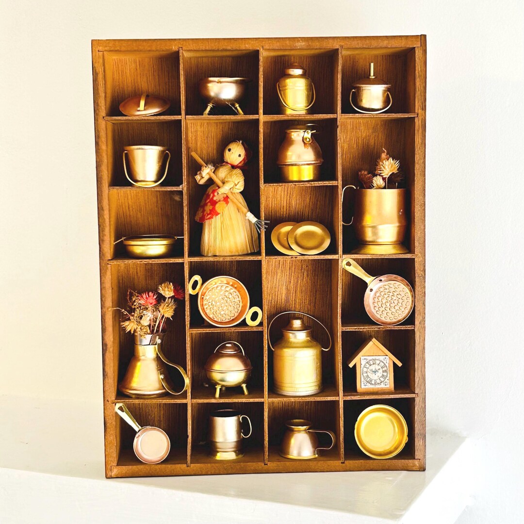 Vintage Farmhouse Wood Box With Brass and Copper Miniatures Shadowbox ...