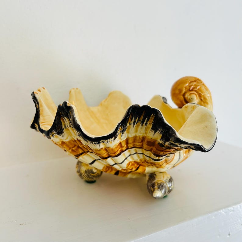 Stunning Fitz & Floyd Footed Ceramic Shell Dish Brown White Cream Ocean ...