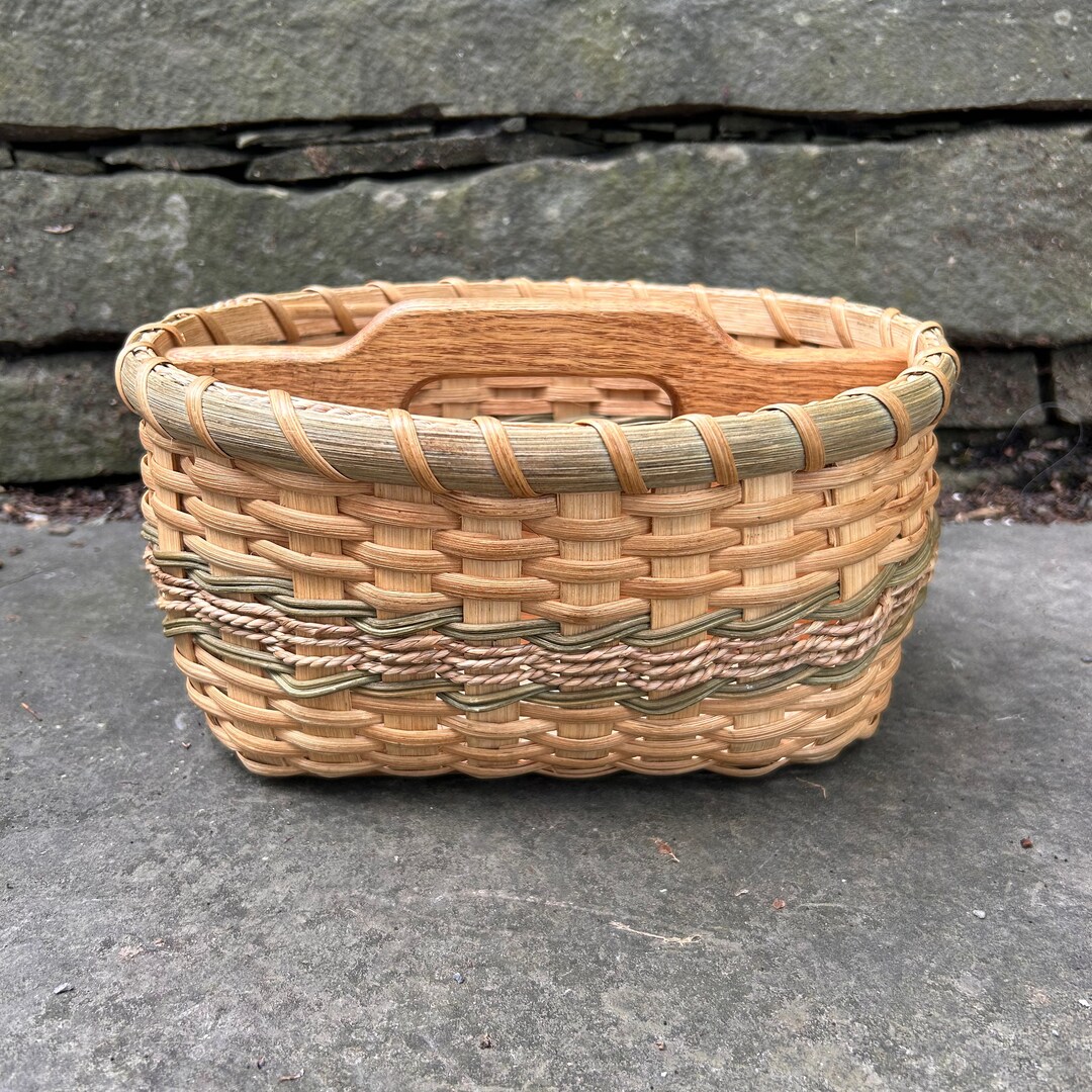 Artisan Basket Caddy With Wooden Handle and Bottom Signed Hand Made ...