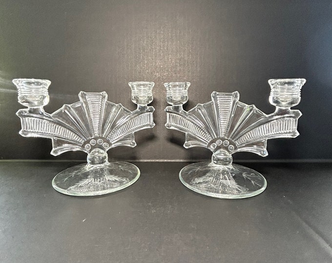 Vintage Art Deco Candlestick Holders Pair Etched Glass Fan Design ...