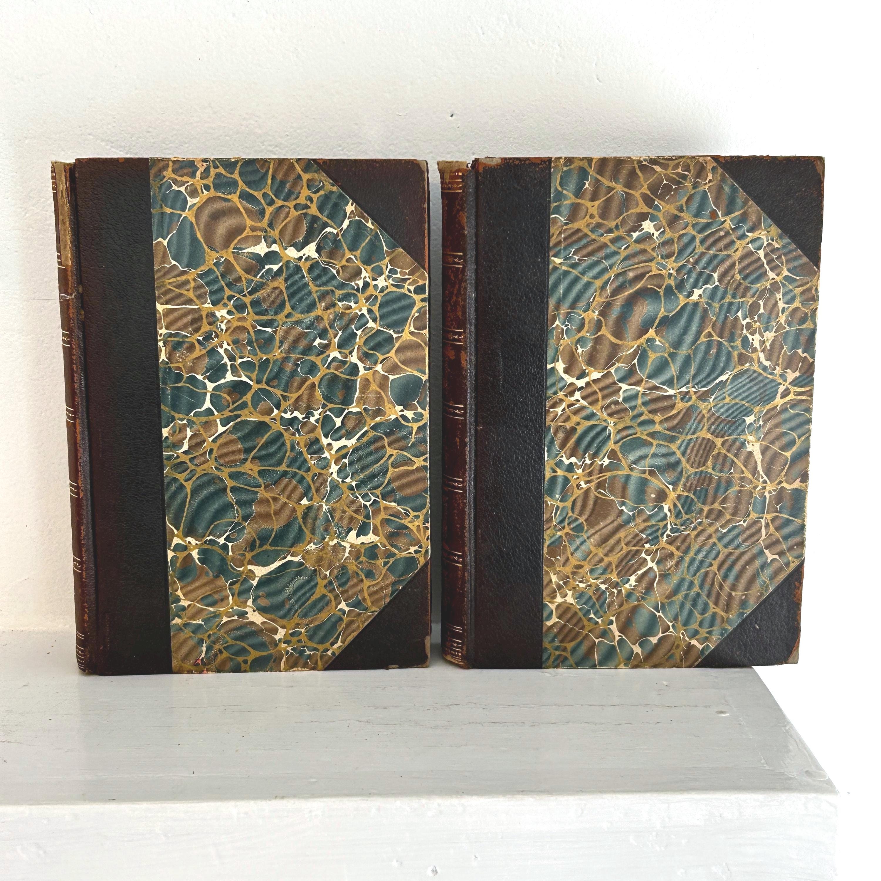 Antique Marbled Book Set: Leather Bound, French Literature, Balzac ...