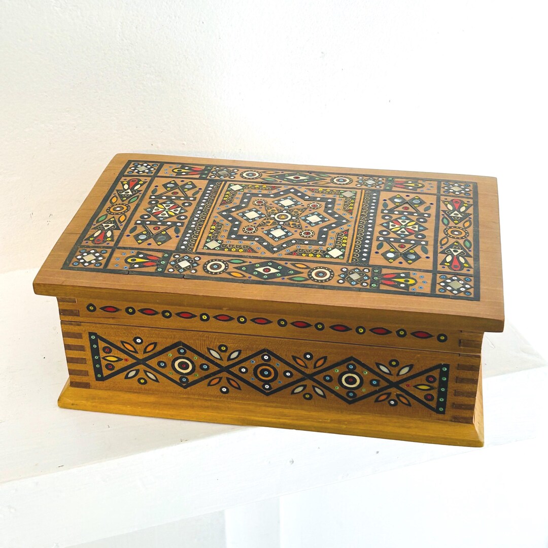 Vintage Ukranian Hutsul Wood Box: Mother of Pearl and Metal Inlay ...