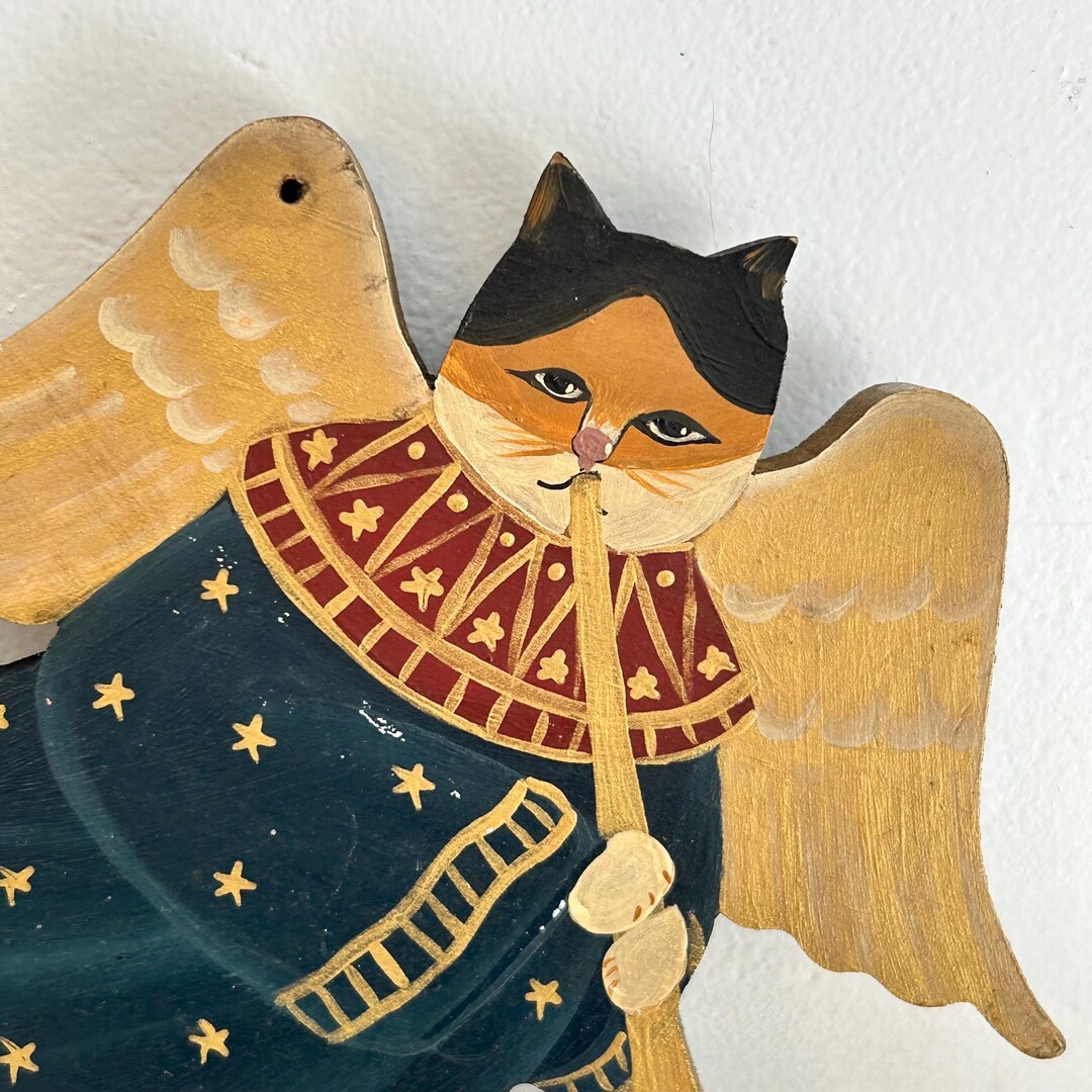 Vintage Christmas Cat Angel Figure: Hand Carved Painted Wood Decor - Etsy