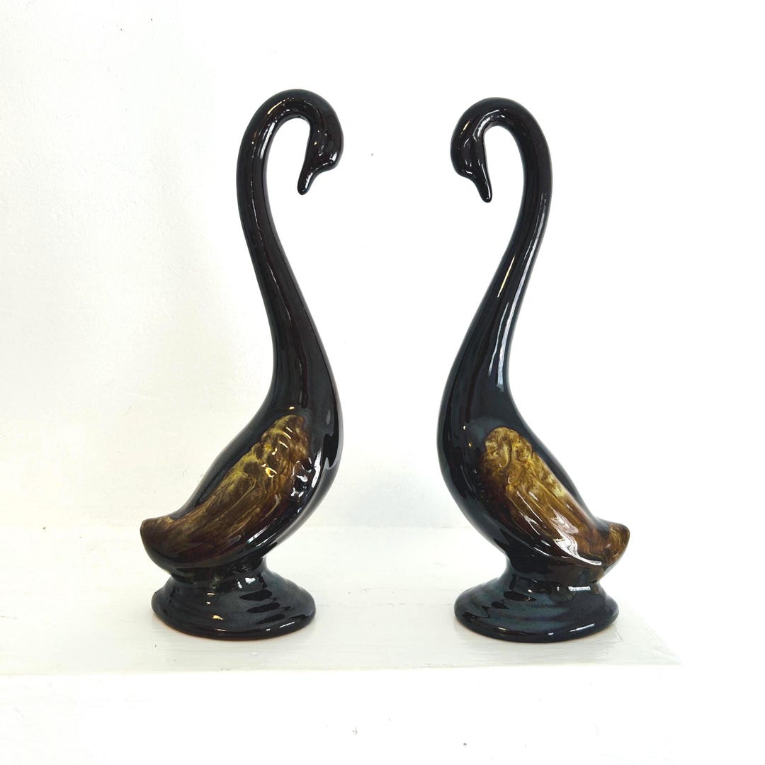 Vintage Pair of Swans Redware Pottery With Brown Drip Glaze by Enesco ...