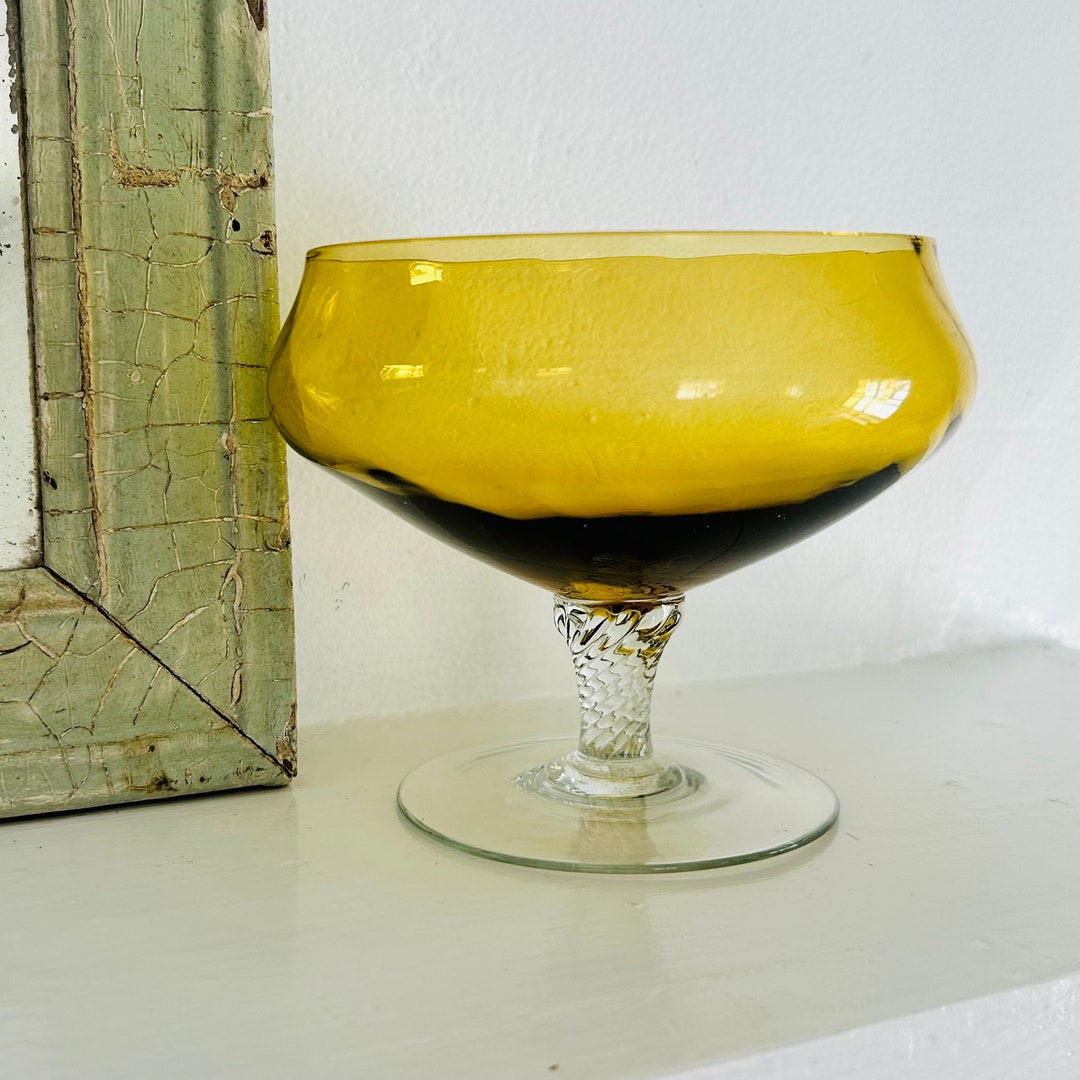 Vintage Amber Glass Footed Compote Dish With Spiral Clear Glass Stem ...