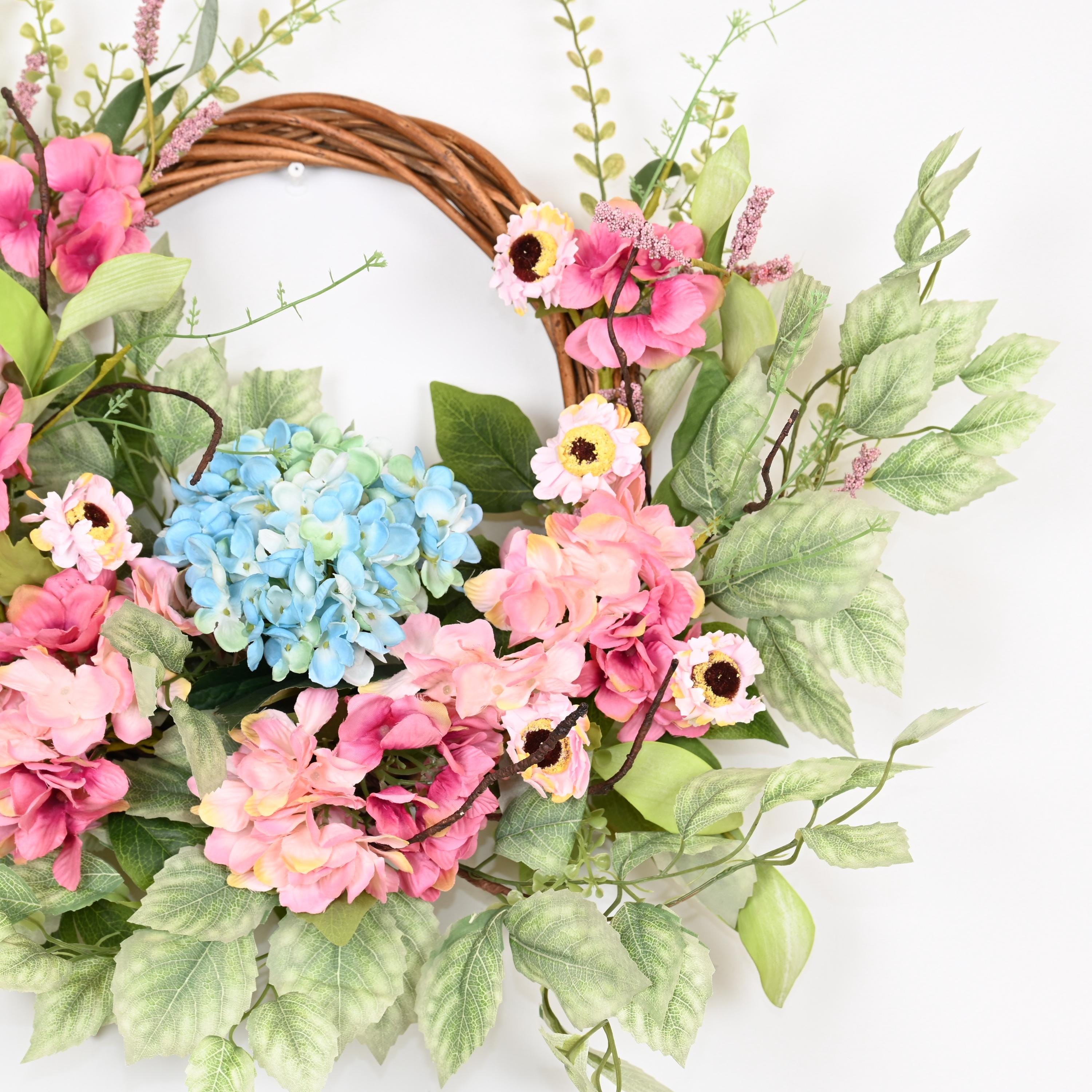 Handmade Spring Floral Wreath, Pink Flowers, Blue Hydrangea, Farmhouse ...