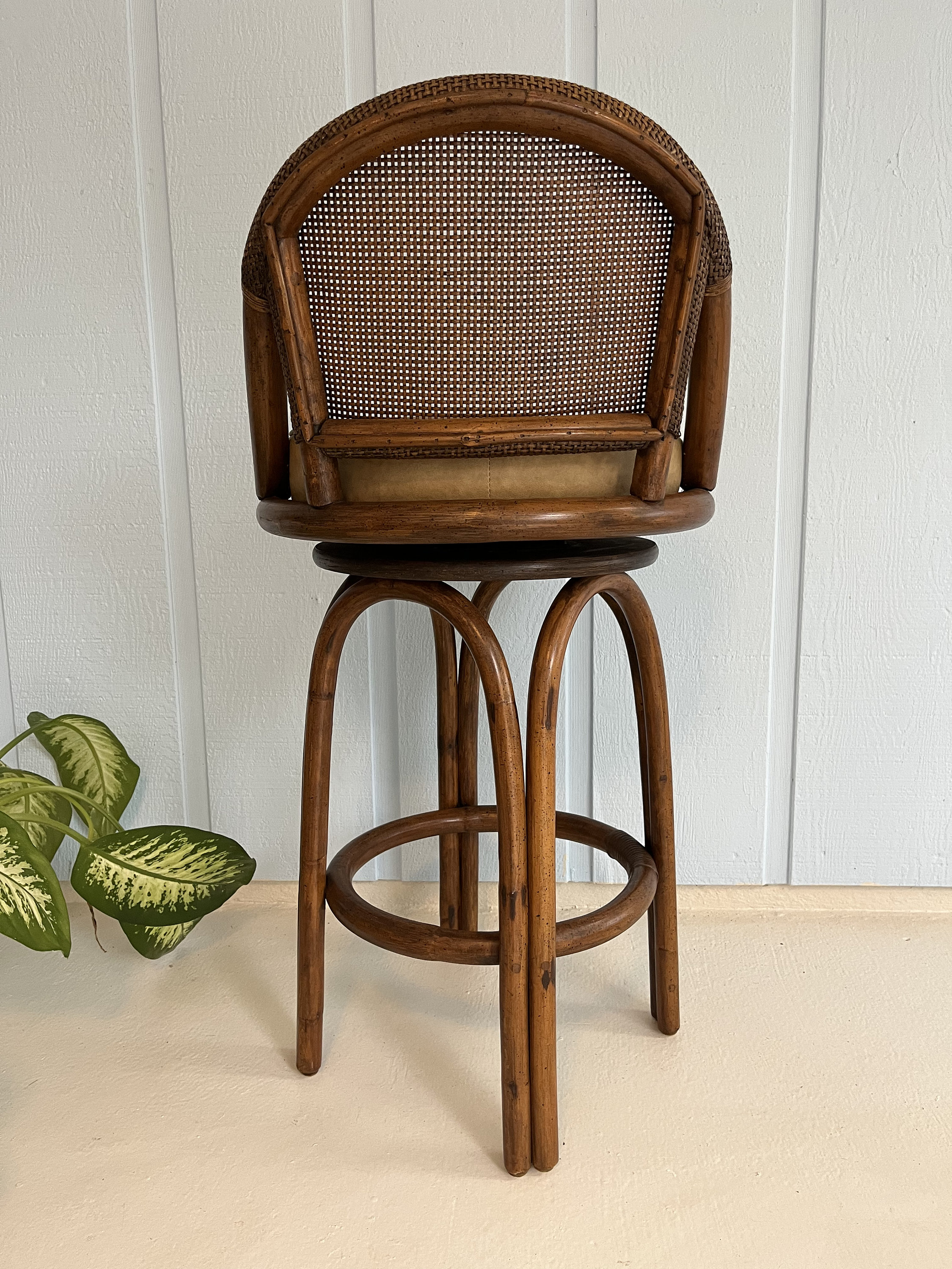 Iconic Ficks Reed Swivel Bar Stool-bamboo Rattan Frame-cane Back-leather Seat-high Quality ...