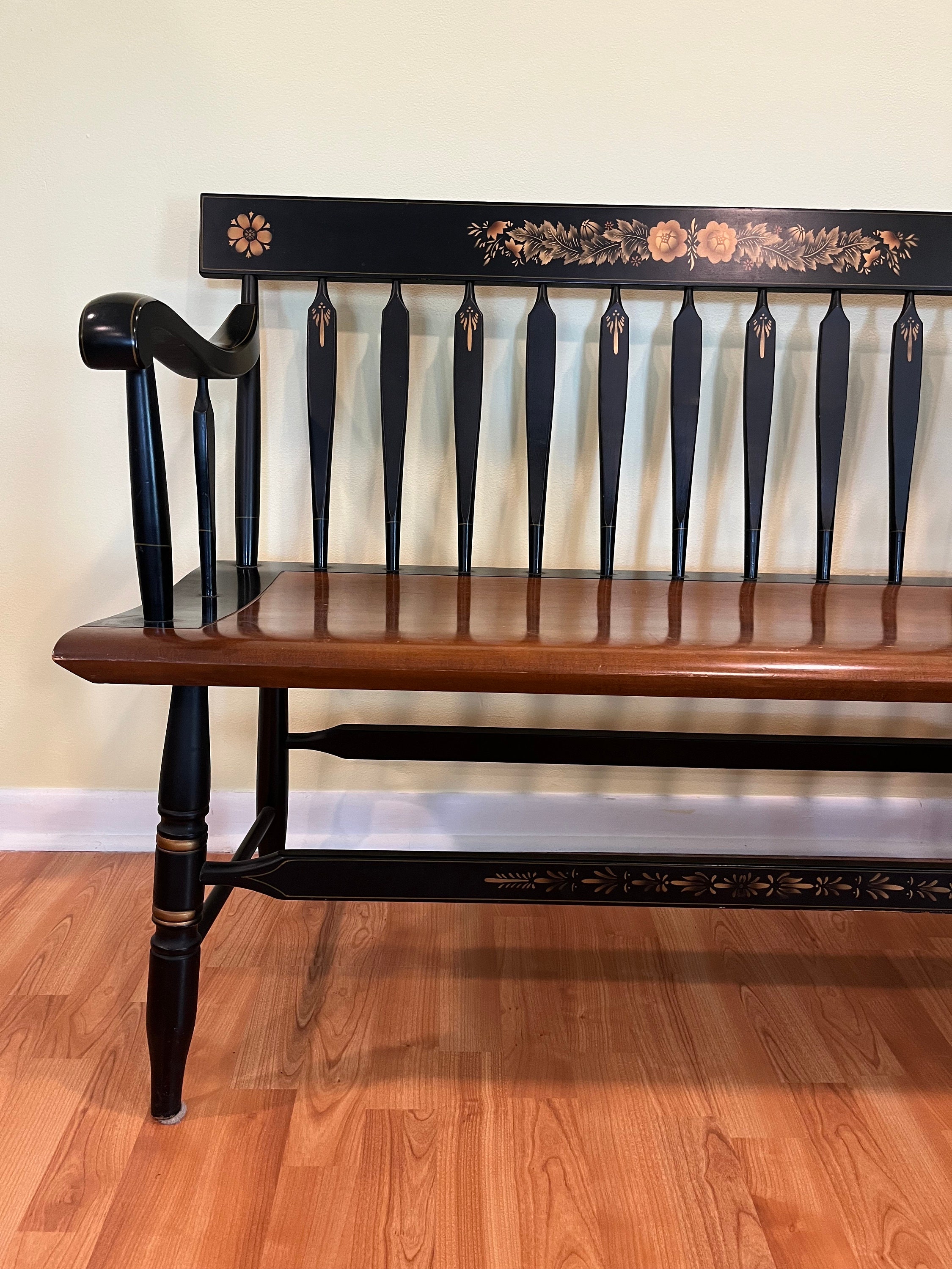 Hitchcock Black&maple Bench-gold Stencil Floral Settee-vtg Windsor ...