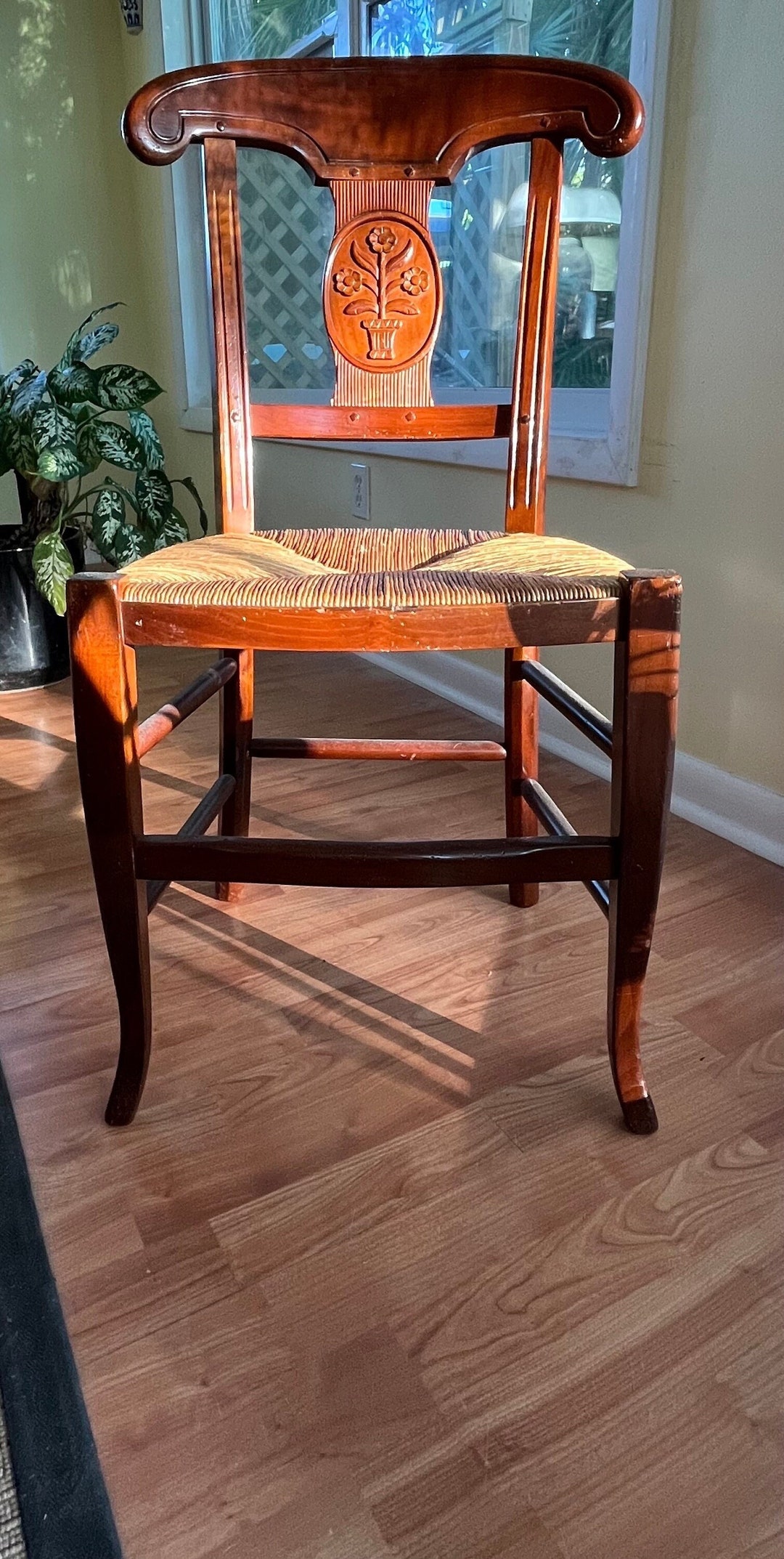 Napoleon Crest Rush Seat Chair-flame Mahogany-vintage Ornate Caved Back ...