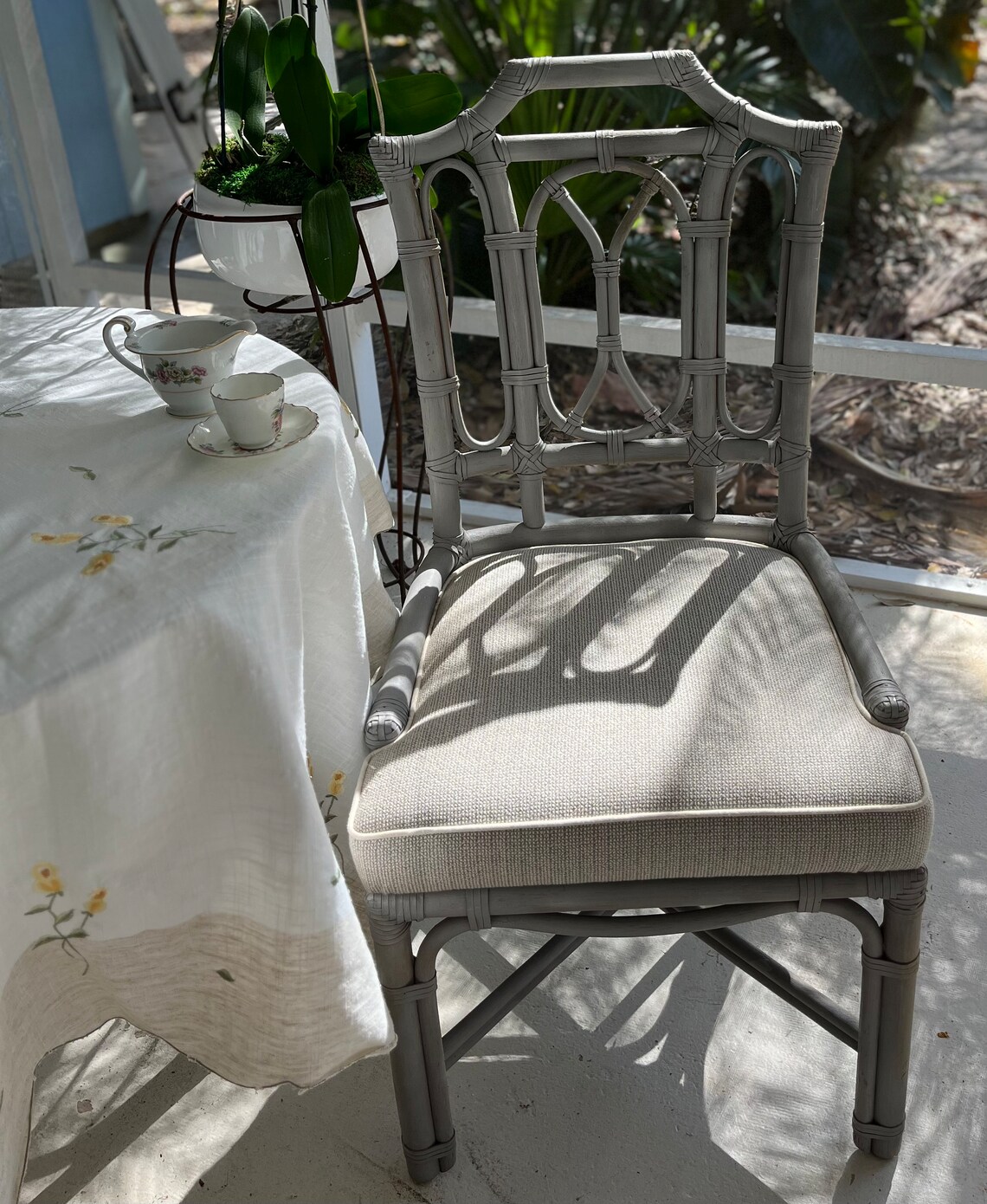 High End Bamboo Rattan Chair-vintage Gray Dinning Chair W/ Upholstery ...